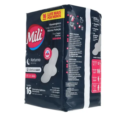 Absorvente Noturno Mili Intenso Cobertura Suave Com Abas Com 16 ...