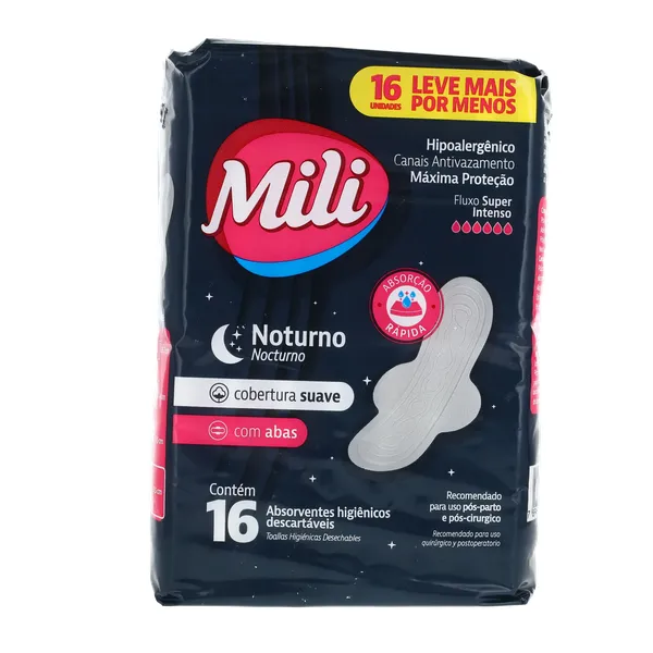Absorvente Noturno Mili Intenso Cobertura Suave Com Abas Com 16 ...